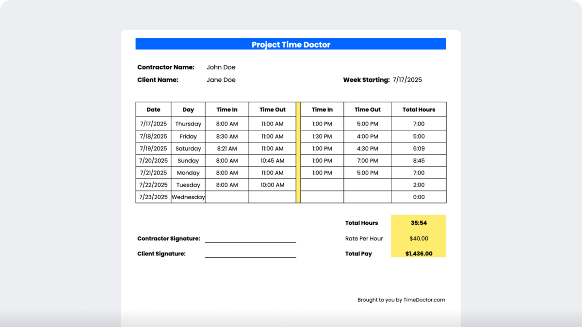 Free contractor timesheet templates (Word, Excel, PDF)